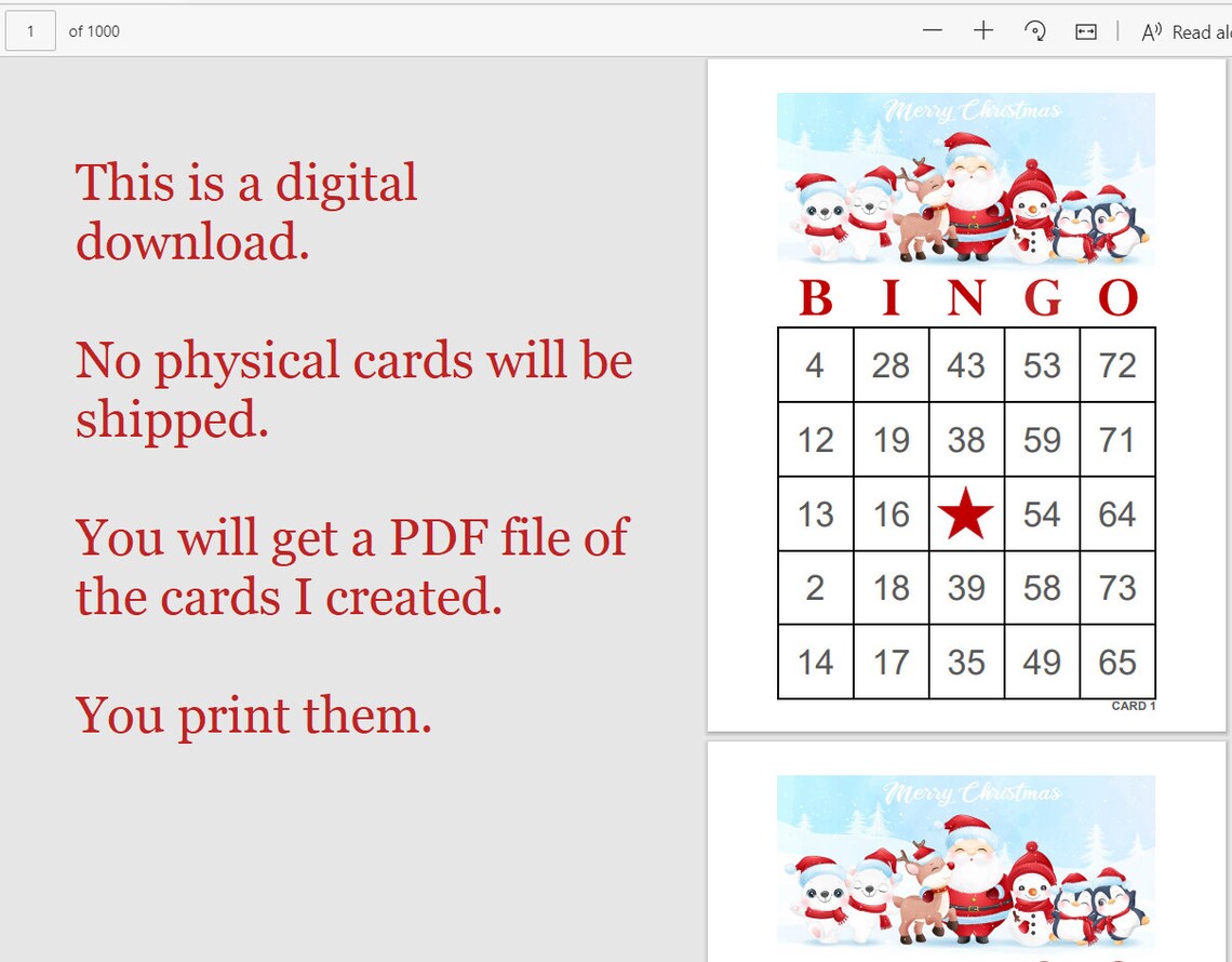 1000 Christmas Bingo Cards Pdf Download 1 per Page Instant - Etsy