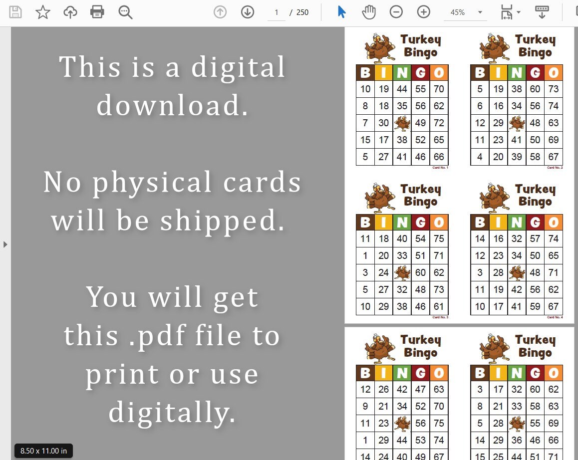 1000 Turkey Bingo Cards, 1, 2, and 4 per Page, Instant Printable Fun ...