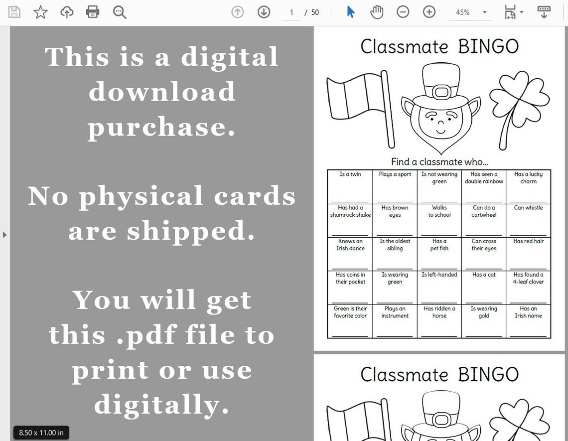 50 Classmate Bingo Cards Pdf Download 1 per Page Instant - Etsy
