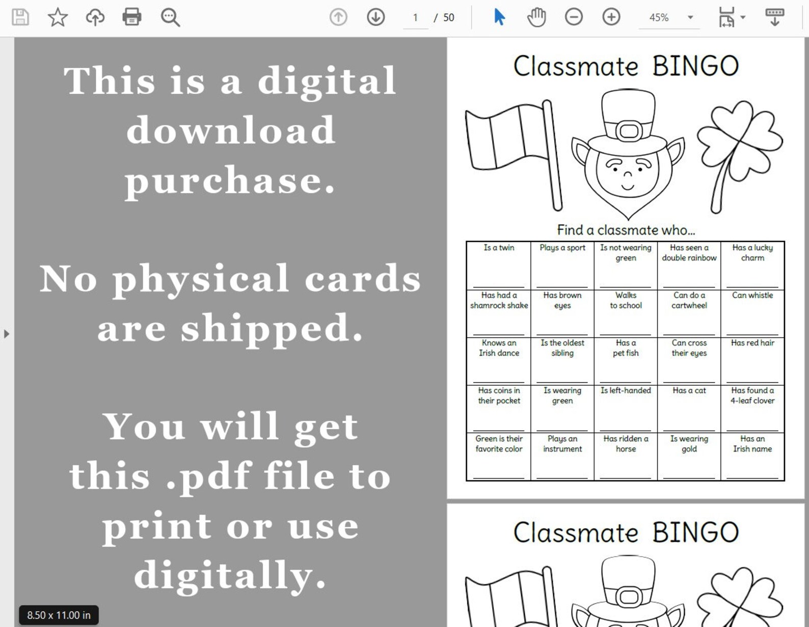 50 Classmate Bingo Cards Pdf Download 1 per Page Instant - Etsy