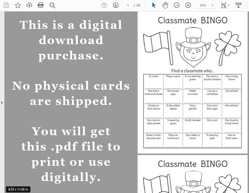 50 Classmate Bingo Cards Pdf Download 1 per Page Instant - Etsy