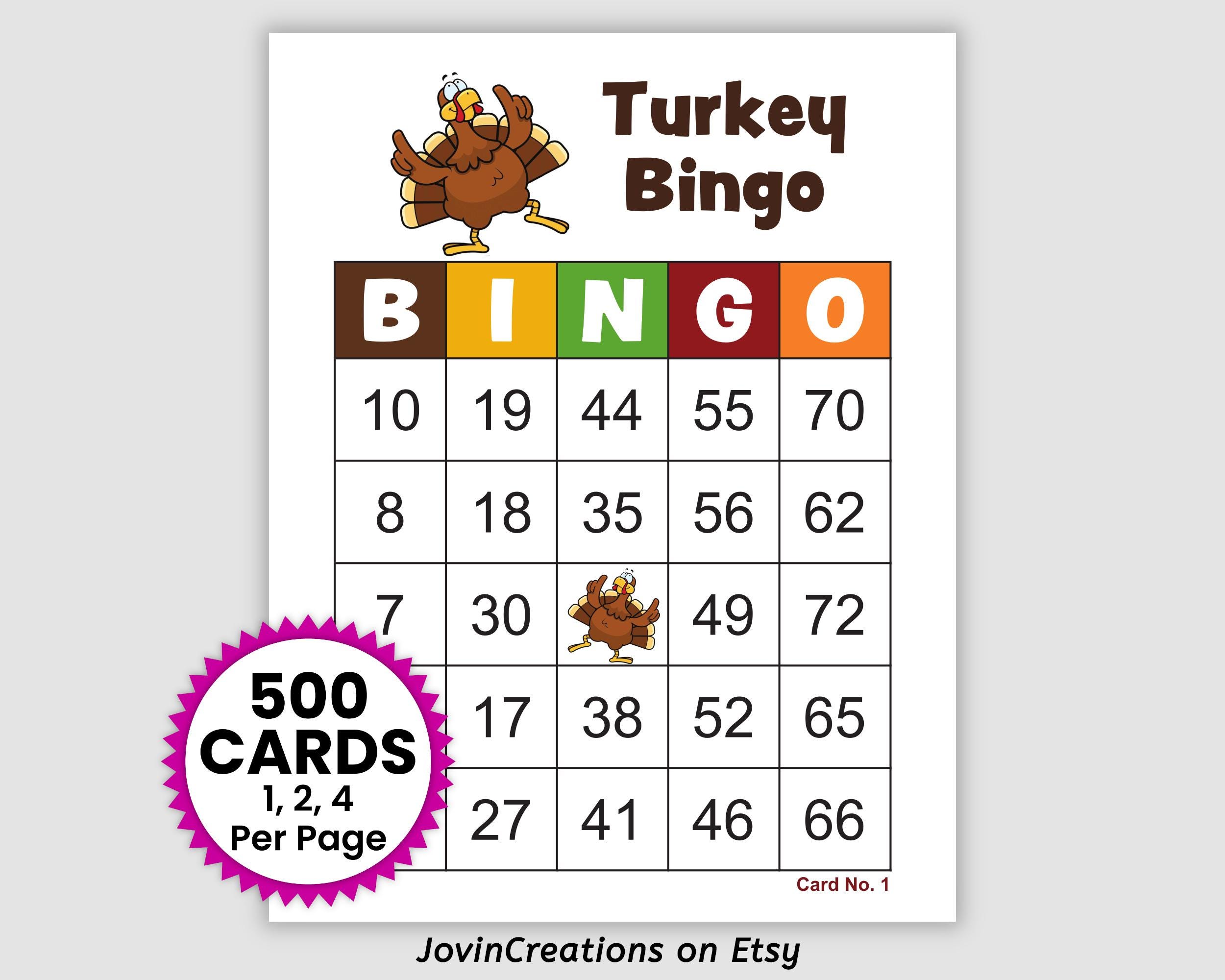 500 Turkey Bingo Cards, 1, 2, and 4 per Page, Instant Printable Fun ...