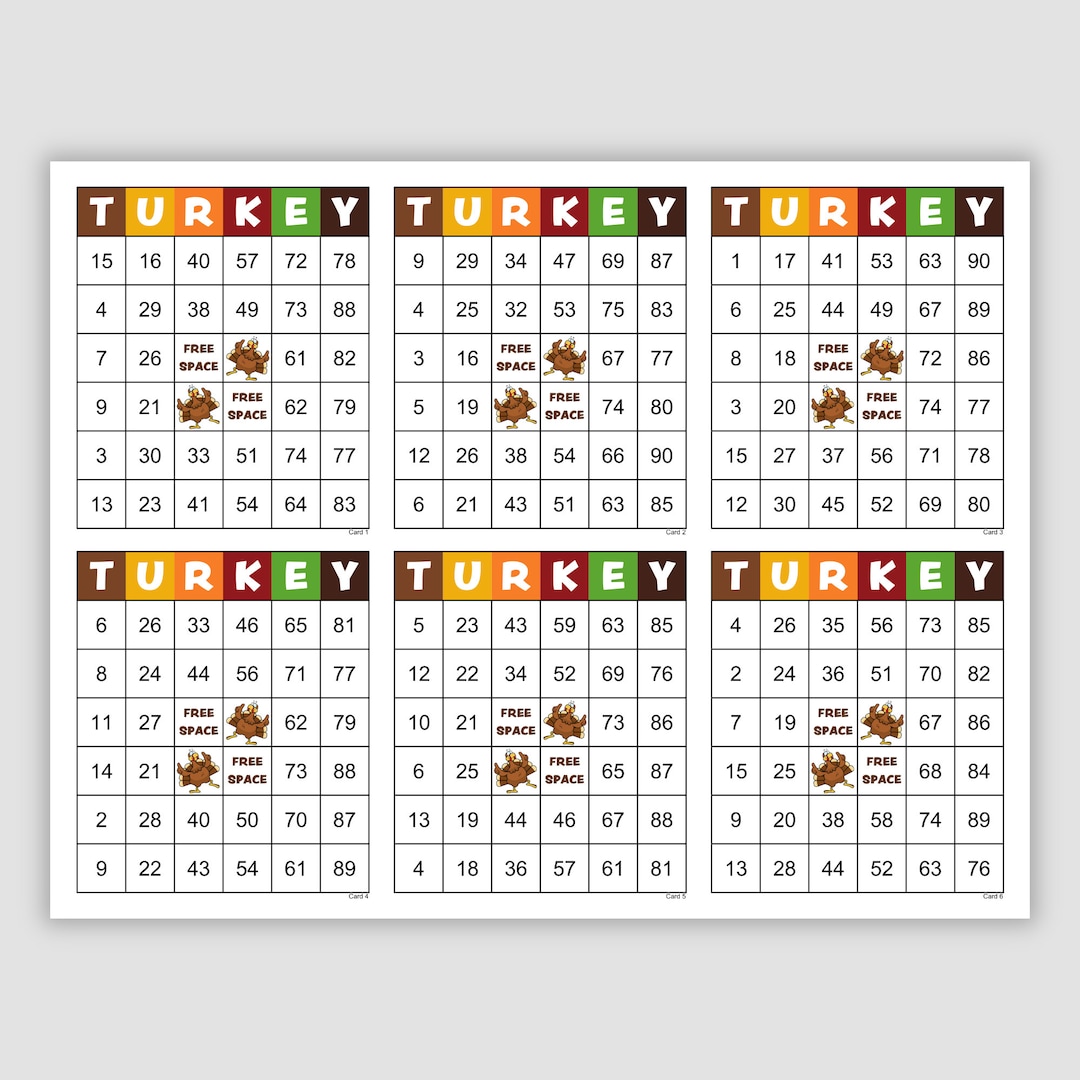 1200 Turkey Bingo Cards, 1, 2, 4 and 6 per Page, 90 Call Game With 36 ...