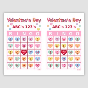 100 Valentine’s Day Abc's & 123's Bingo Cards Pdf Download, 1 and 2 per ...