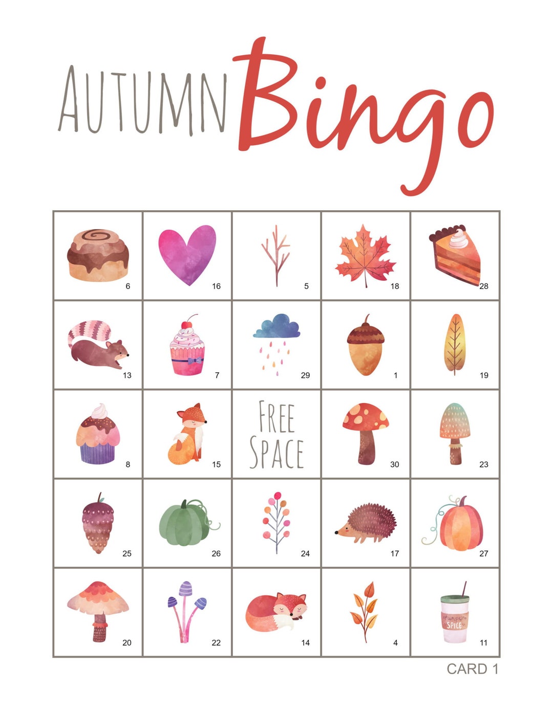 Autumn Picture Bingo 100 Cards 1 per Page Instant Pdf - Etsy