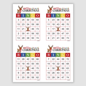 500 Christmas Bingo Cards, 1, 2, and 4 per Page, Reindeer Fun Printable ...