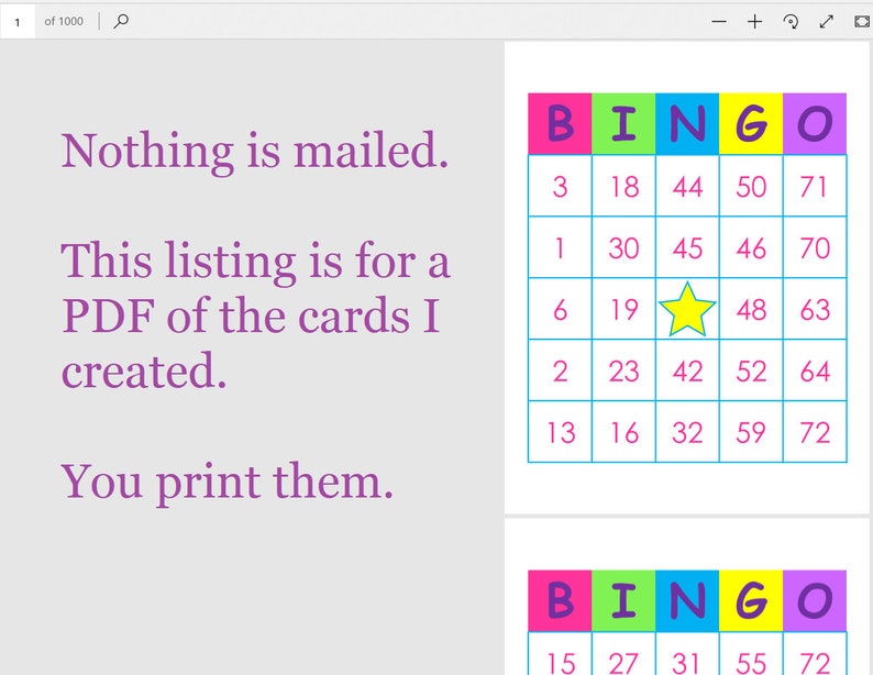 1000 Bingo Cards 1 per Page Instant Printable Pdf Download - Etsy