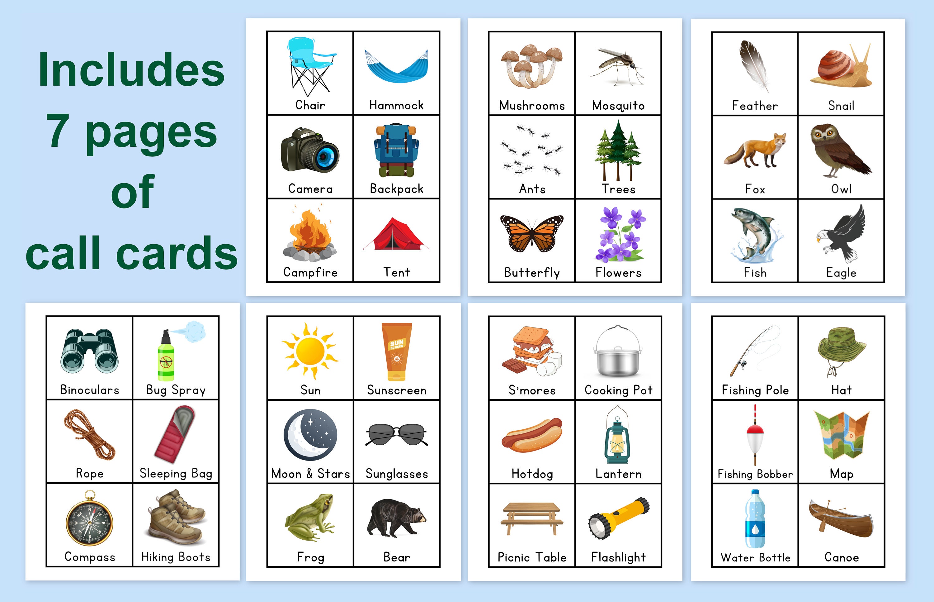 Camping Bingo Cards 200 cards prints 1 and 2 per page | Etsy