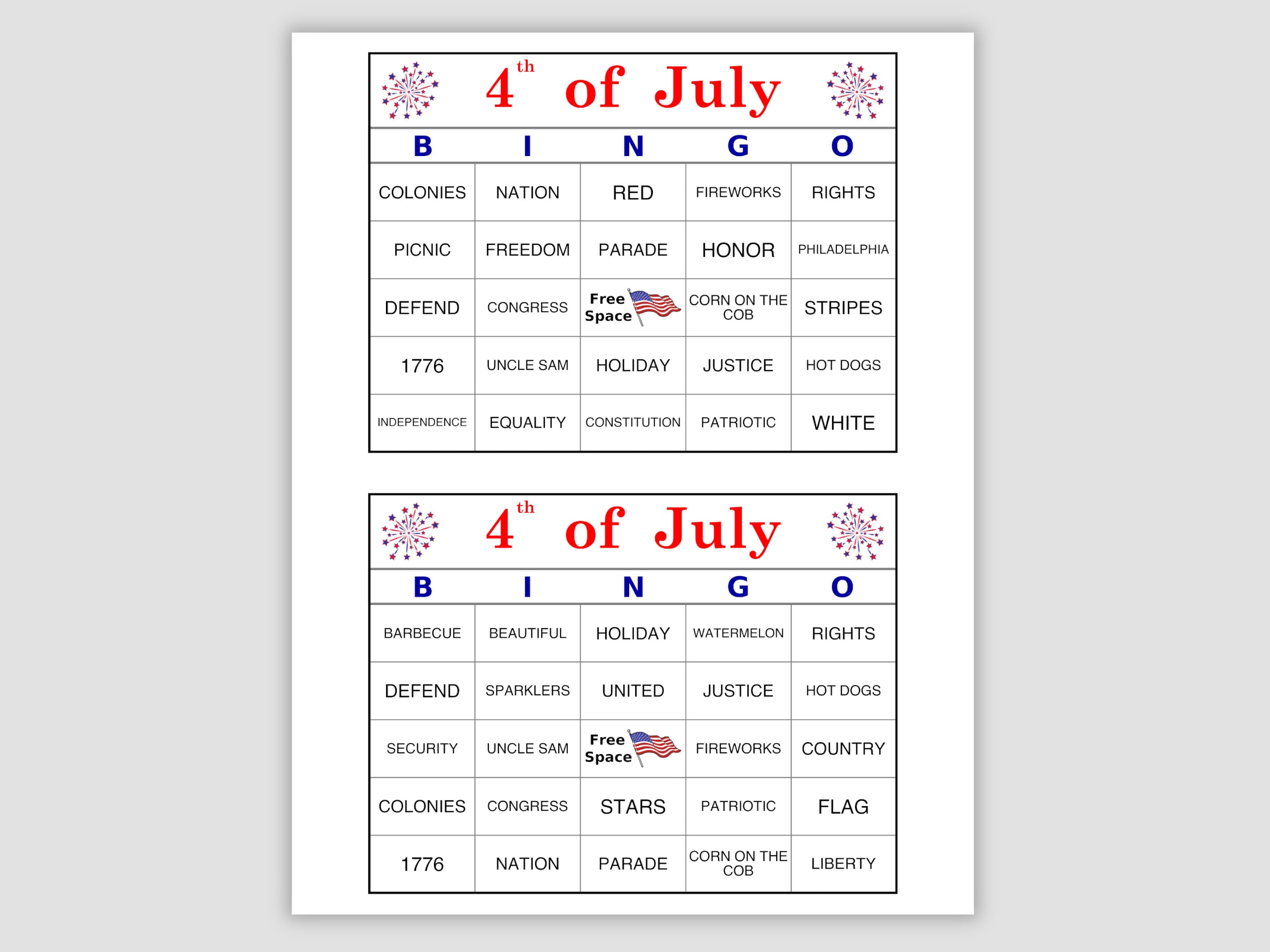 100 Fourth of July Bingo Cards, Pdf Download, 1, 2, and 4 per Page, 50 ...
