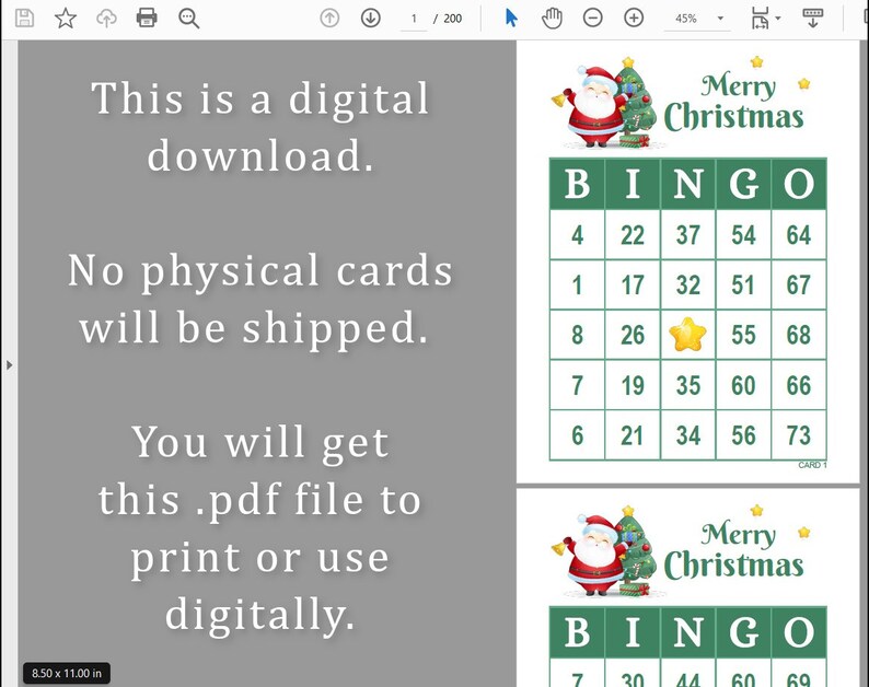 200 Christmas Bingo Cards Pdf Download, 1 and 2 per Page, Instant ...