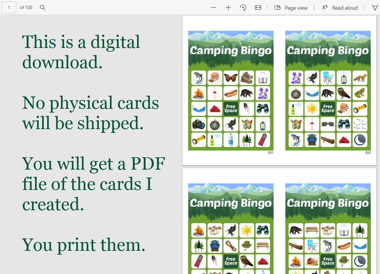 Camping Bingo Cards 200 cards prints 1 and 2 per page | Etsy