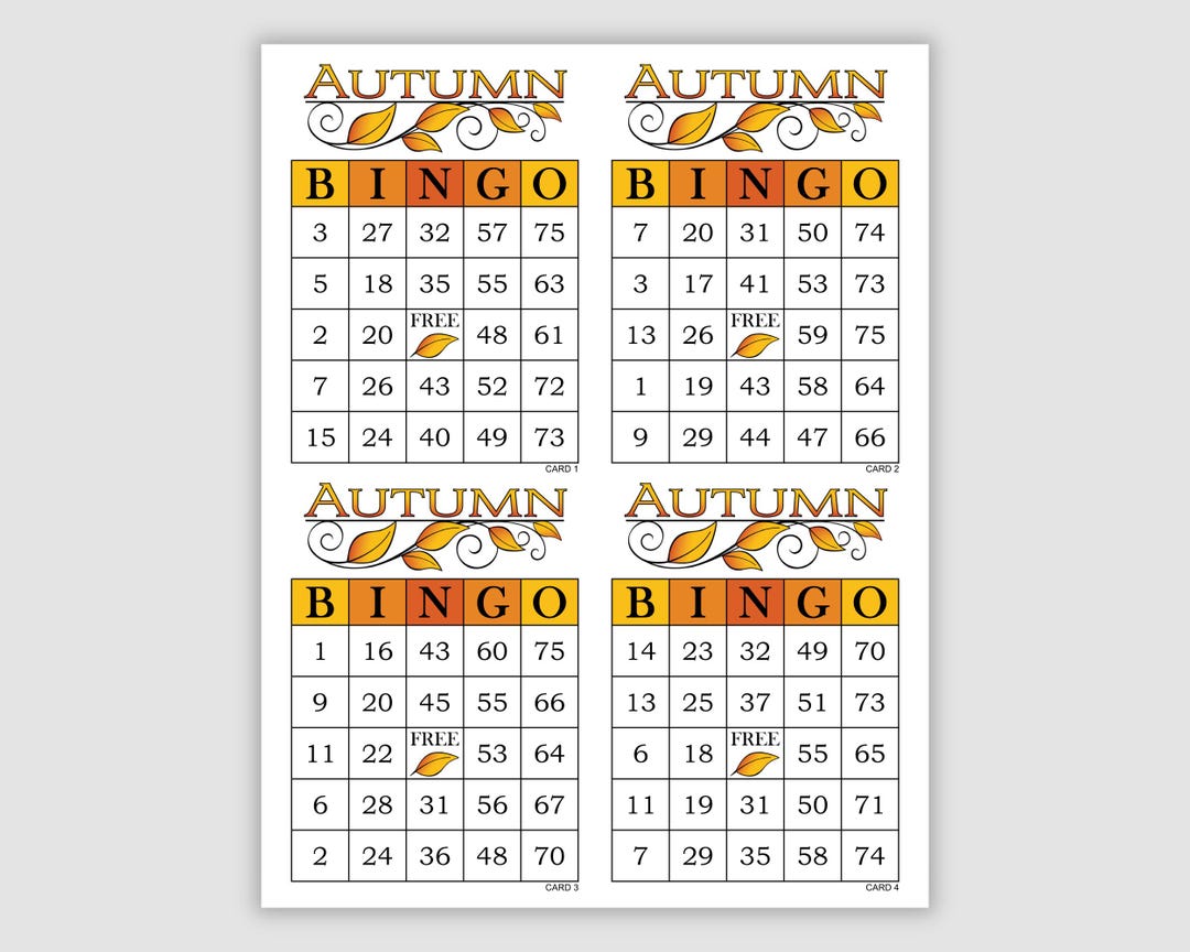 1000 Autumn Bingo Cards, 1, 2, and 4 per Page, Instant Printable Pdf ...