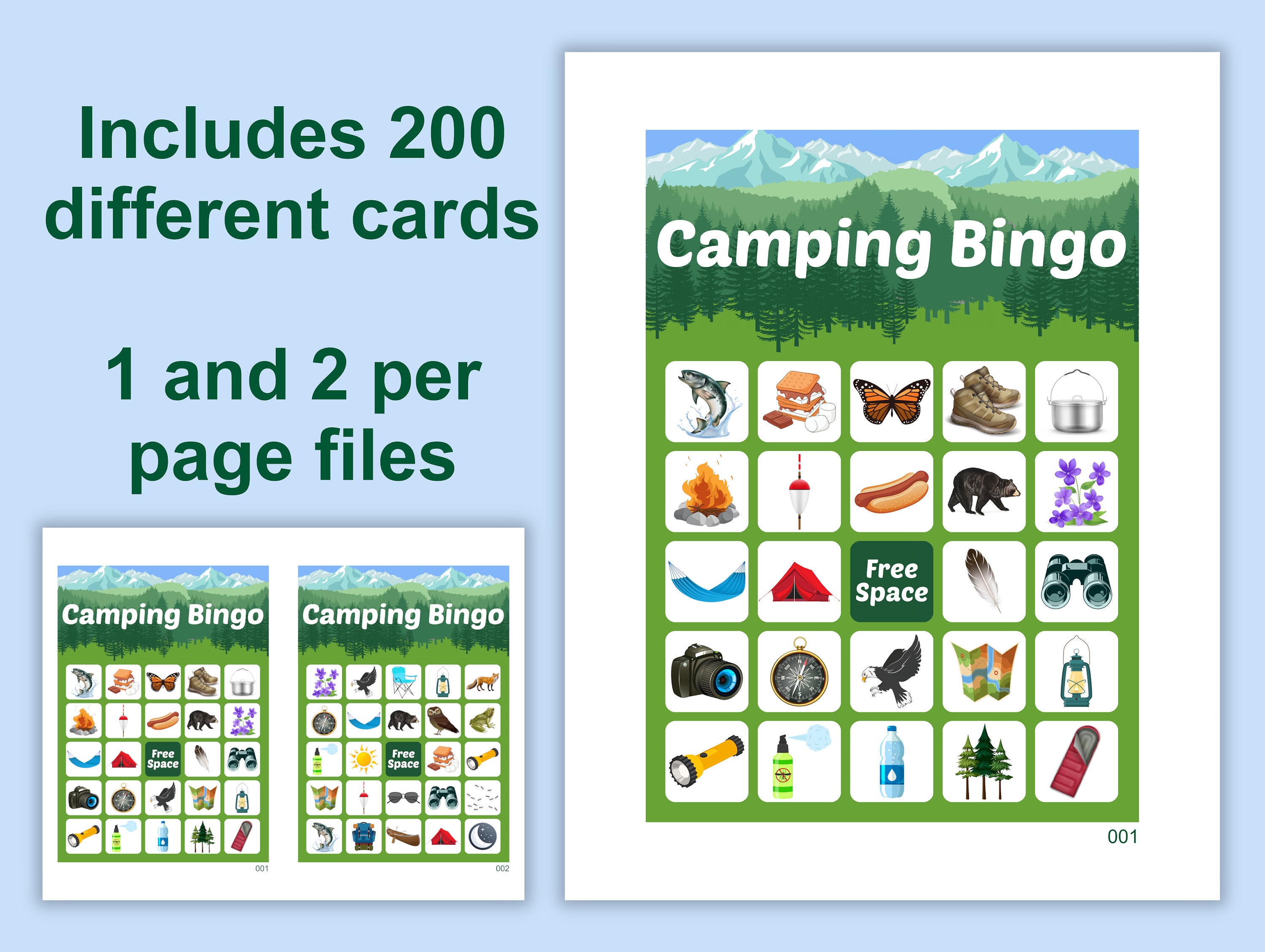 Camping Bingo Cards 200 cards prints 1 and 2 per page | Etsy