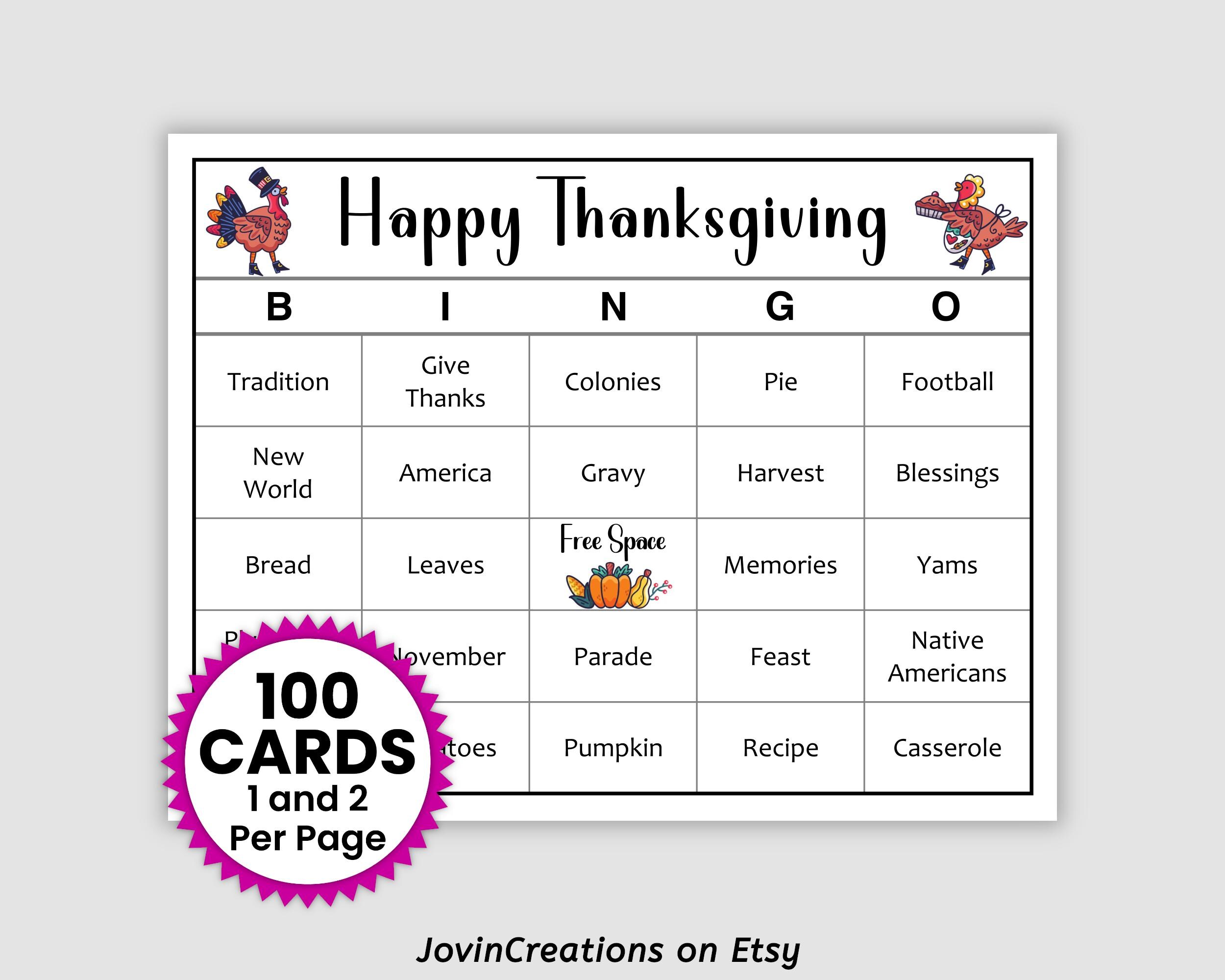 100 Thanksgiving Bingo Cards Pdf Download, 1 and 2 per Page, 50 Call ...