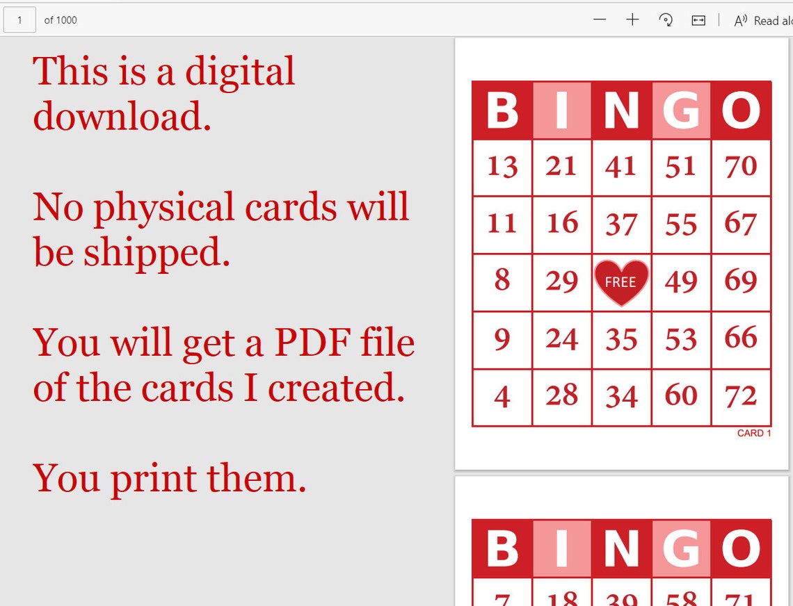 1000 Valentines Day Bingo Cards Pdf Download 1 2 4 per - Etsy