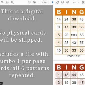 1200 Fall Bingo Cards Pdf Download, 1 and 6 per Page, Instant Printable ...