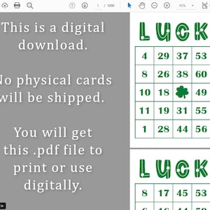 1000 LUCKY Bingo Cards, 1, 2, and 4 per Page, Instant Printable Pdf ...