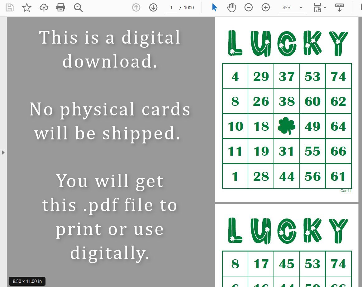 1000 LUCKY Bingo Cards, 1, 2, and 4 per Page, Instant Printable Pdf ...