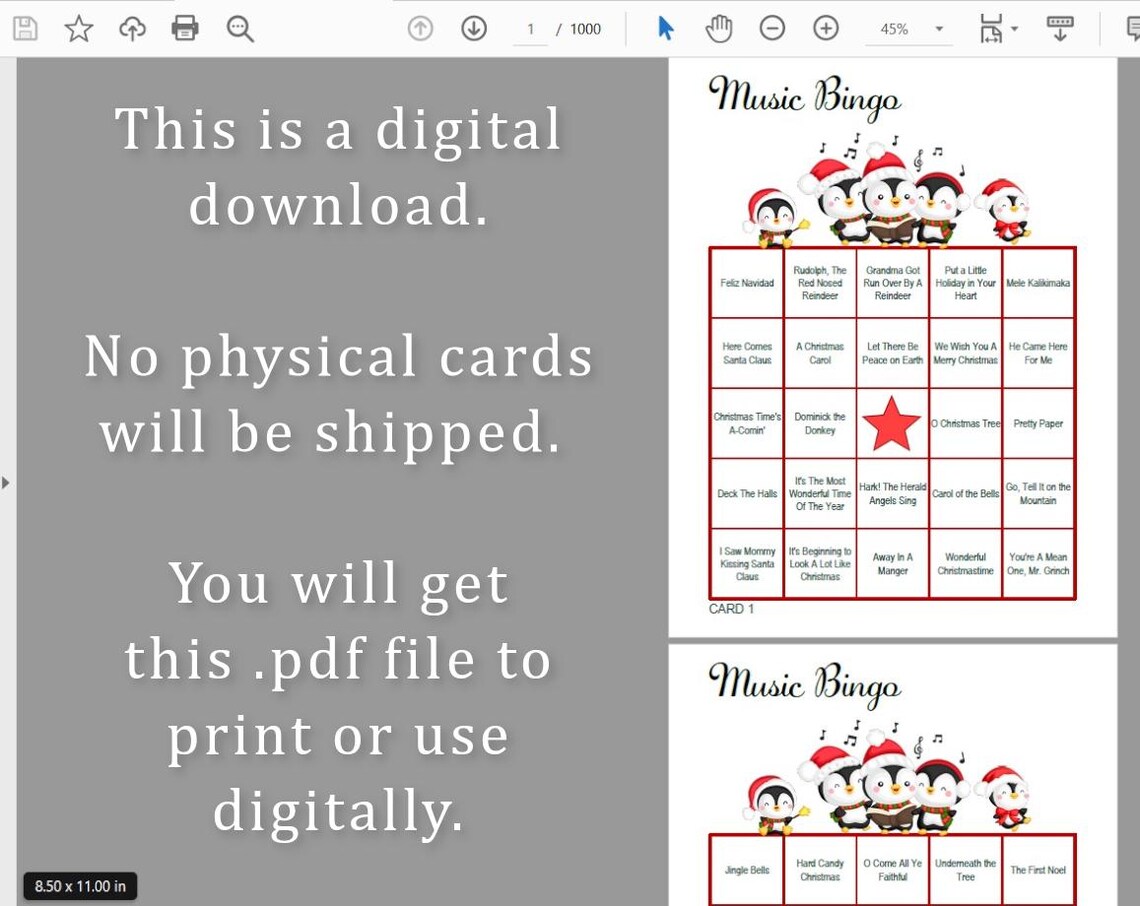 1000 Christmas Music Bingo Cards, 1 and 2 per Page, 75 Call Fun Holiday ...