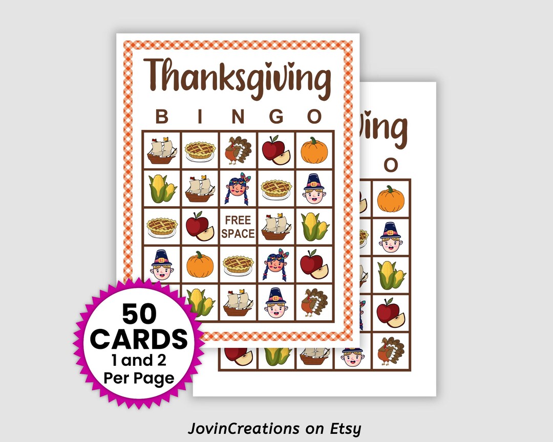 50 Thanksgiving Bingo Cards, 1 and 2 per Page, Instant Printable Fun ...