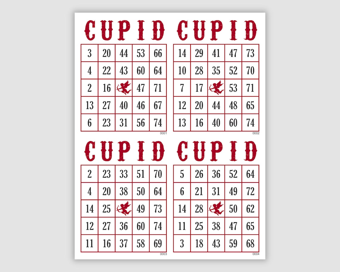 100 Cupid Bingo Cards Pdf Download, 1, 2, and 4 per Page, Instant ...