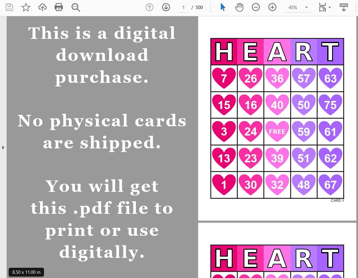 500 Heart Bingo Cards Pdf Download, 1, 2, and 4 per Page, Instant ...