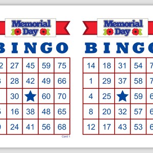 100 Memorial Day Bingo Cards, Pdf Download, 1, 2, and 4 per Page ...