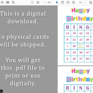 100 Birthday Bingo Cards Pdf Download, 1 per Page, Instant Printable ...