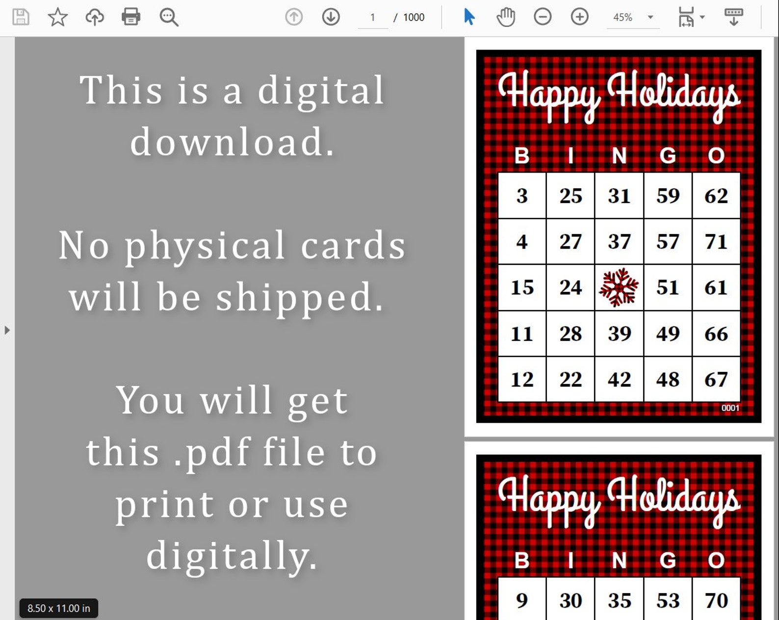 1000 Holiday Bingo Cards Pdf Download, 1, 2, and 4 per Page, Instant ...