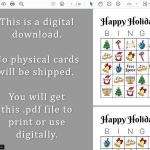 50 Holiday Bingo Cards, 1 and 2 per Page, Instant Printable Party Game ...