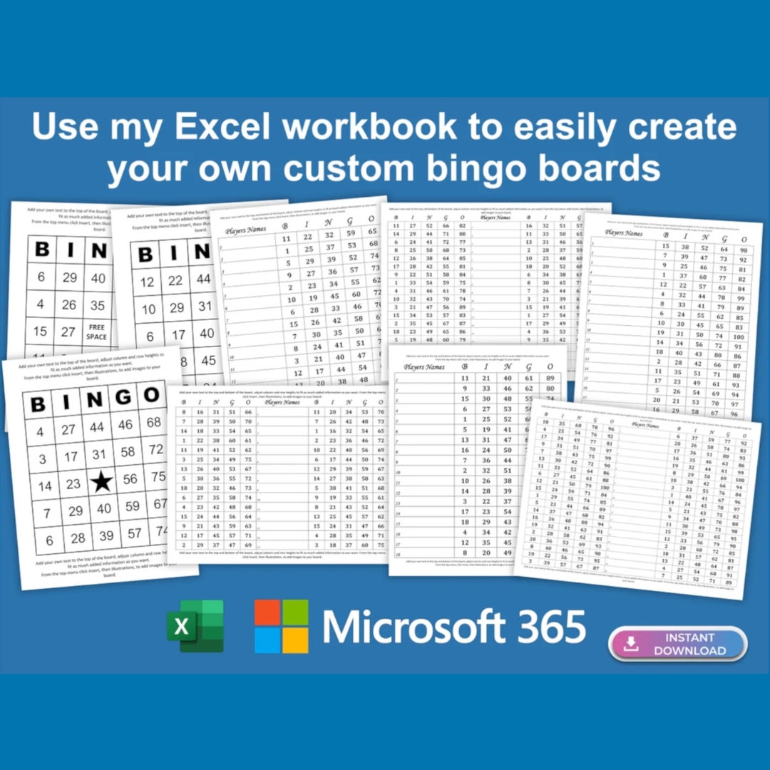 Custom Bingo Card and Board Maker, Excel Microsoft 365 Workbook ...