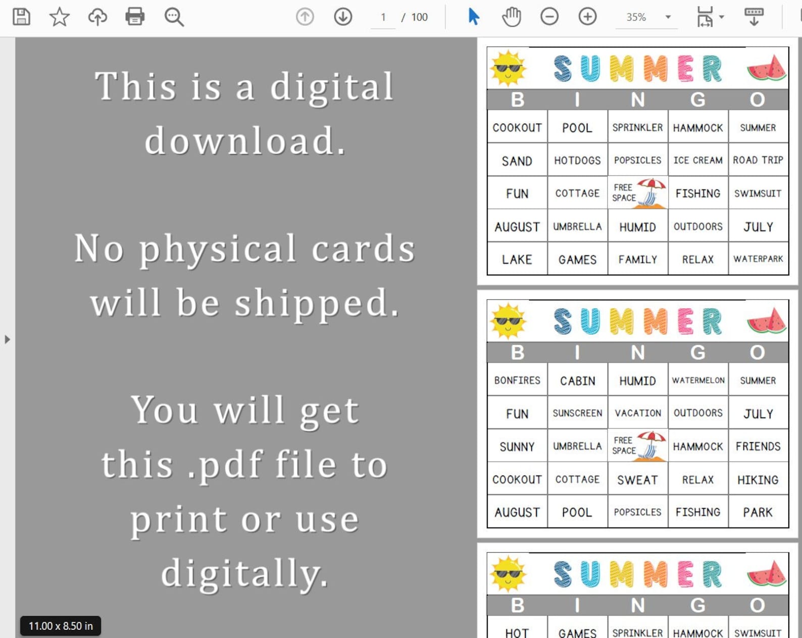 100 Summer Bingo Cards, Pdf Download, 1, 2, and 4 per Page, 50 Call ...