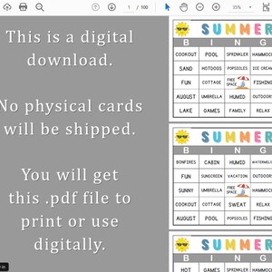 100 Summer Bingo Cards, Pdf Download, 1, 2, and 4 per Page, 50 Call ...