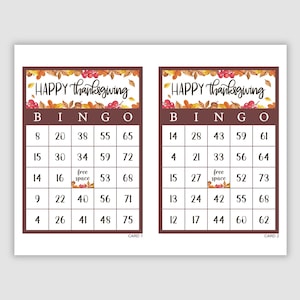 1000 Thanksgiving Bingo Cards, 1, 2, and 4 per Page, Printable ...