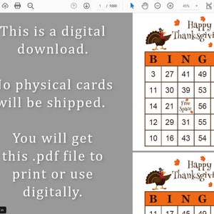 1000 Thanksgiving Bingo Cards, 1, 2, and 4 per Page, Pdf Download ...