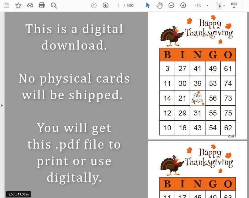 1000 Thanksgiving Bingo Cards, 1, 2, and 4 per Page, Pdf Download ...