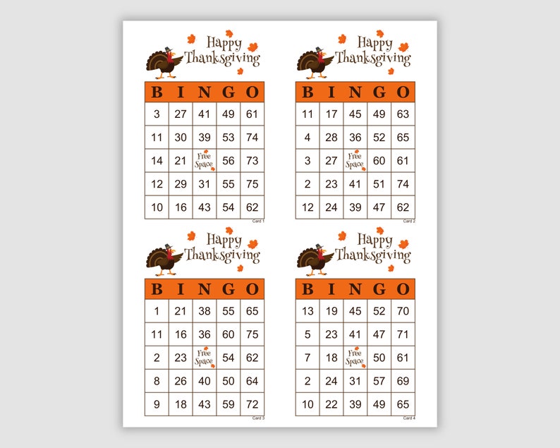 1000 Thanksgiving Bingo Cards, 1, 2, and 4 per Page, Pdf Download ...
