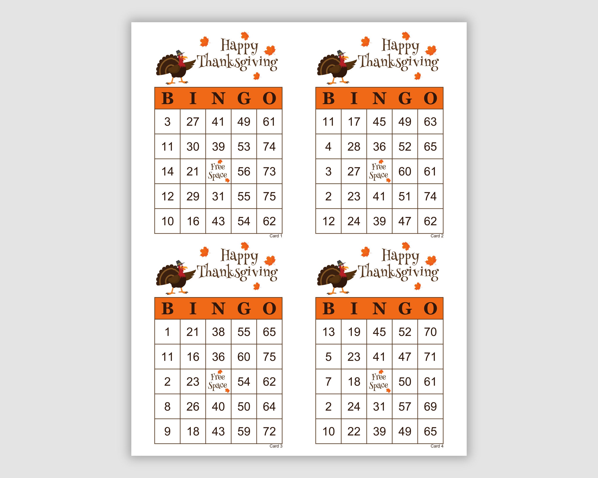 1000 Thanksgiving Bingo Cards, 1, 2, and 4 per Page, Pdf Download ...