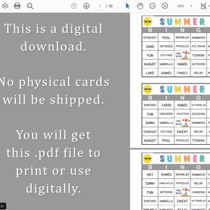 100 Summer Bingo Cards, Pdf Download, 1, 2, and 4 per Page, 50 Call ...