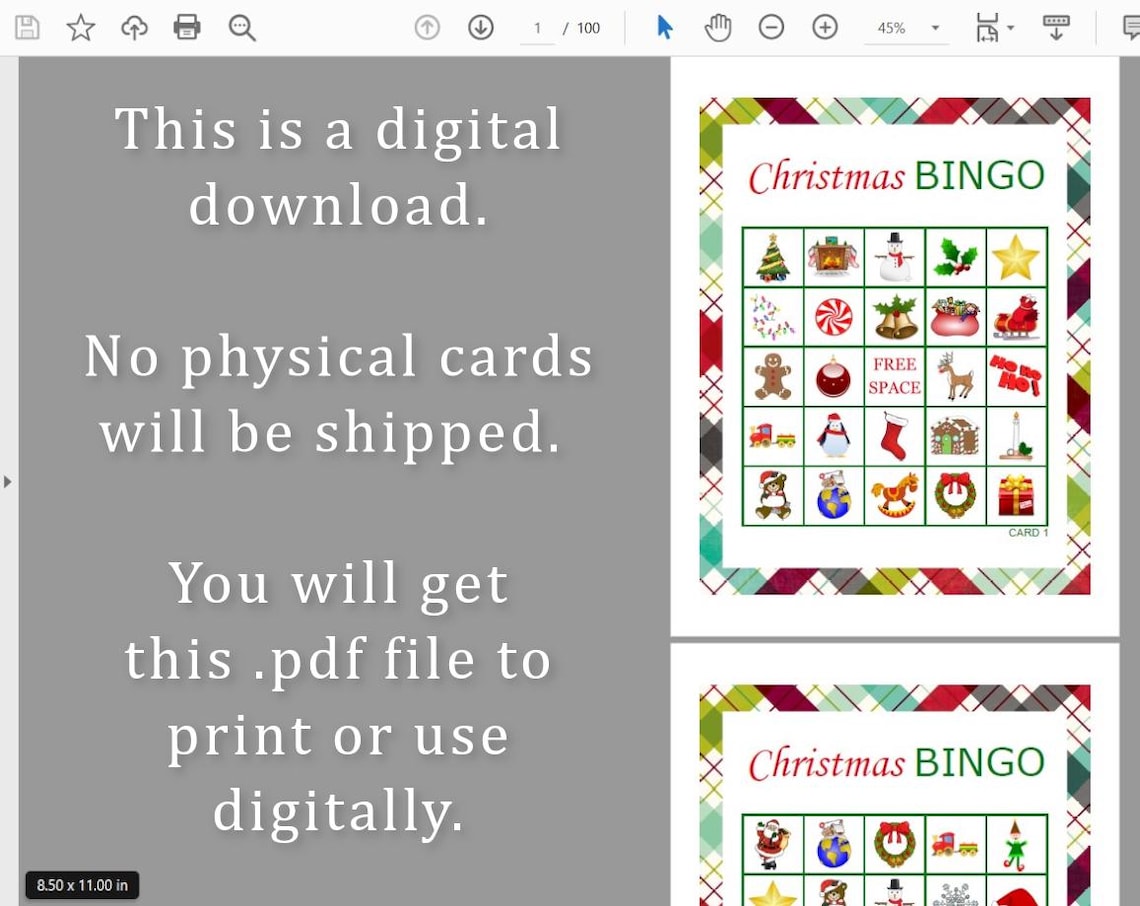 100 Christmas Bingo Cards Pdf Download, 1 and 2 per Page, Printable Christmas Party Game ...