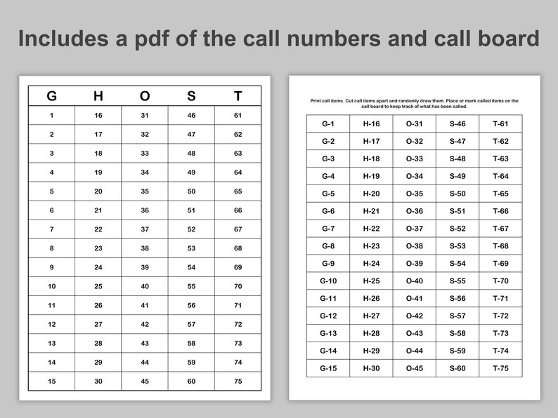 GHOST Bingo Cards 1000 Cards 1 2 and 4 per Page Instant - Etsy