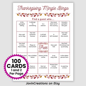 100 Thanksgiving Bingo Cards Pdf Download, 1 and 2 per Page, Instant ...