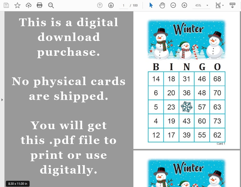 100 Winter Bingo Cards Pdf Download 1 and 2 per Page Instant - Etsy