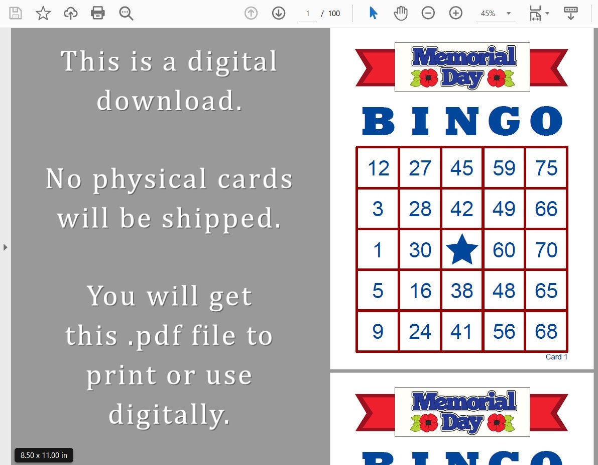 100 Memorial Day Bingo Cards, Pdf Download, 1, 2, and 4 per Page ...
