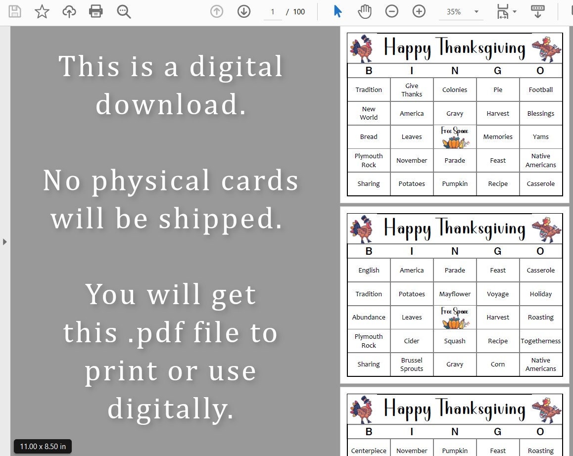 100 Thanksgiving Bingo Cards Pdf Download, 1 and 2 per Page, 50 Call ...