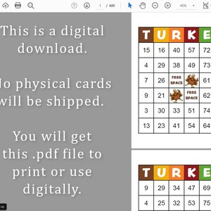 600 Turkey Bingo Cards, 1, 2, 4 and 6 per Page, 90 Call Game With 36 ...