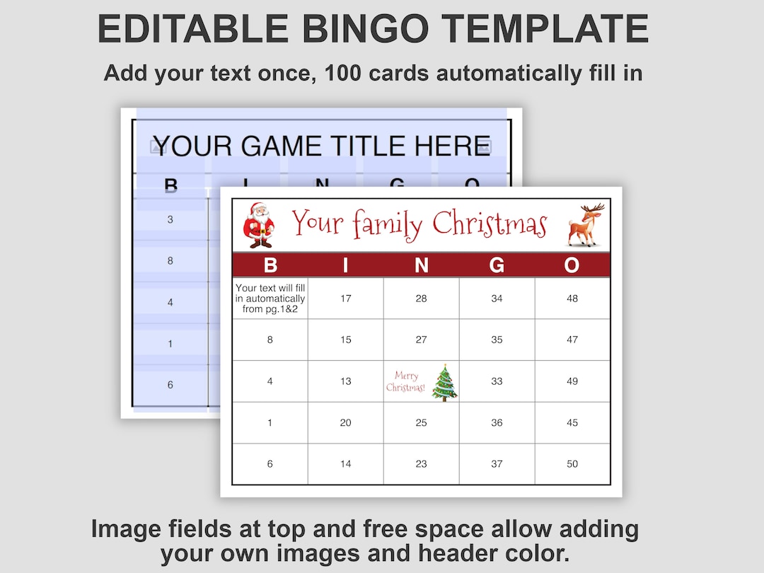 100 Card Editable Text Bingo Template, 50 Calls, 10 Numbers Assigned ...