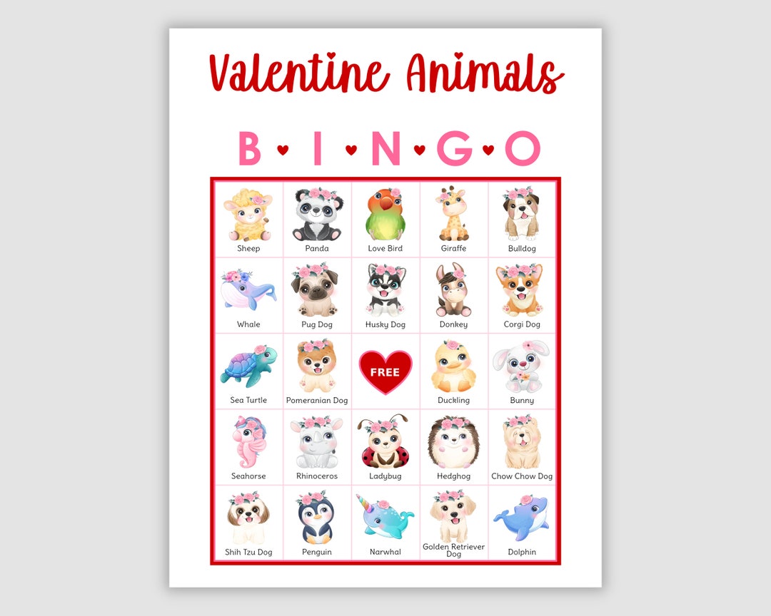 200 Bingo Cards Pdf Download, Valentine Animals, 1 and 2 per Page, 54 ...