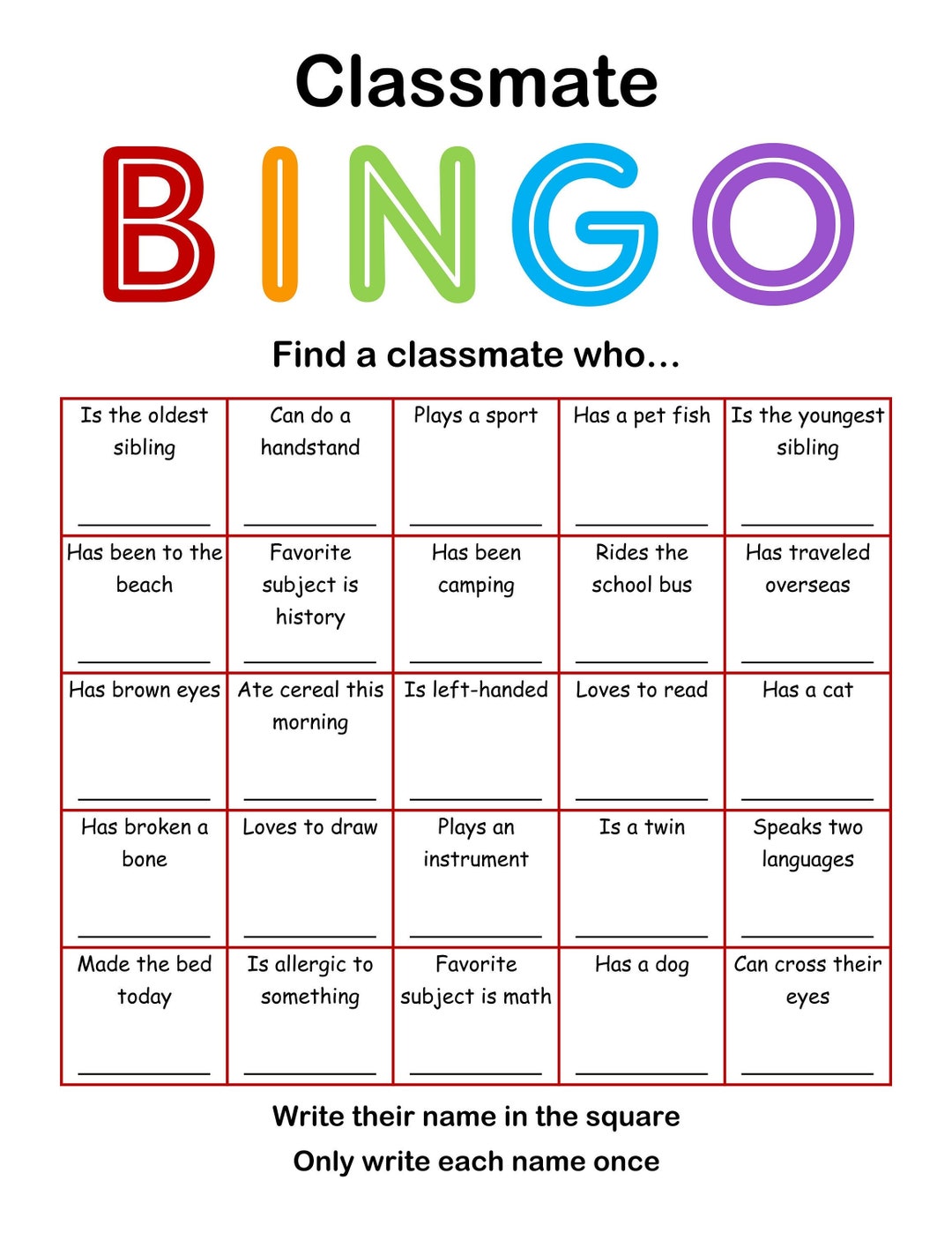 50 Classmate Bingo Cards Pdf Download 1 per Page Instant - Etsy