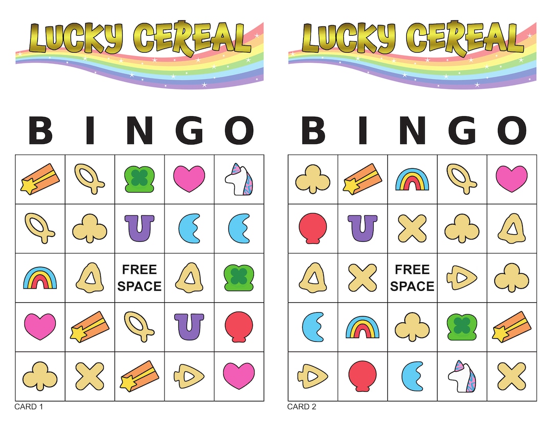 100 Lucky Cereal Bingo Cards , 1 and 2 Page, 65 Call, Instant Printable ...